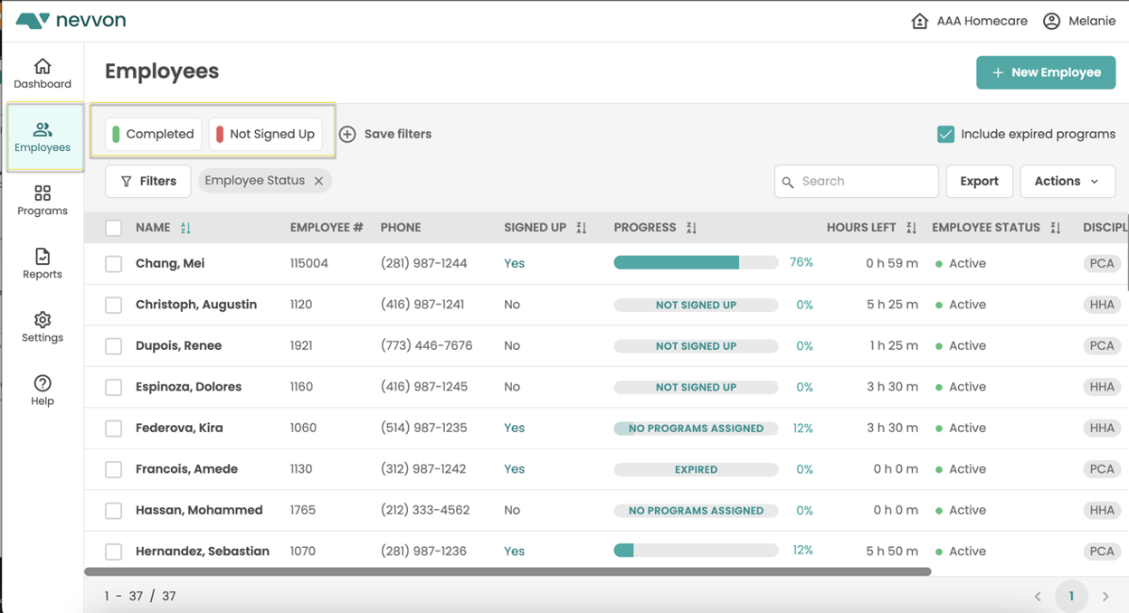 Using Filters in the Employees page