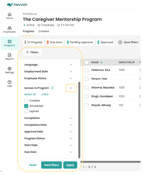 Using Filters in the Programs page